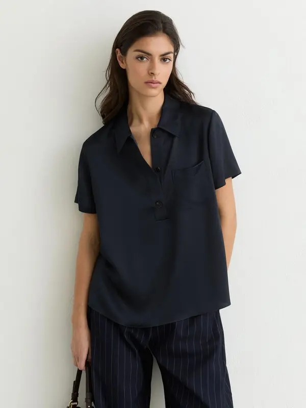 REISS Silk Half-button Short-sleeve Shirt - Navy