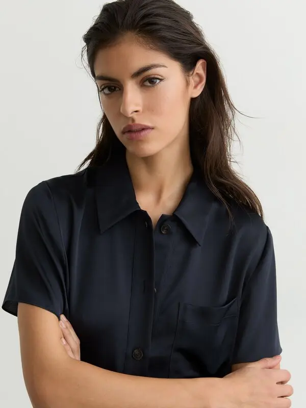 REISS Silk Half-button Short-sleeve Shirt - Navy