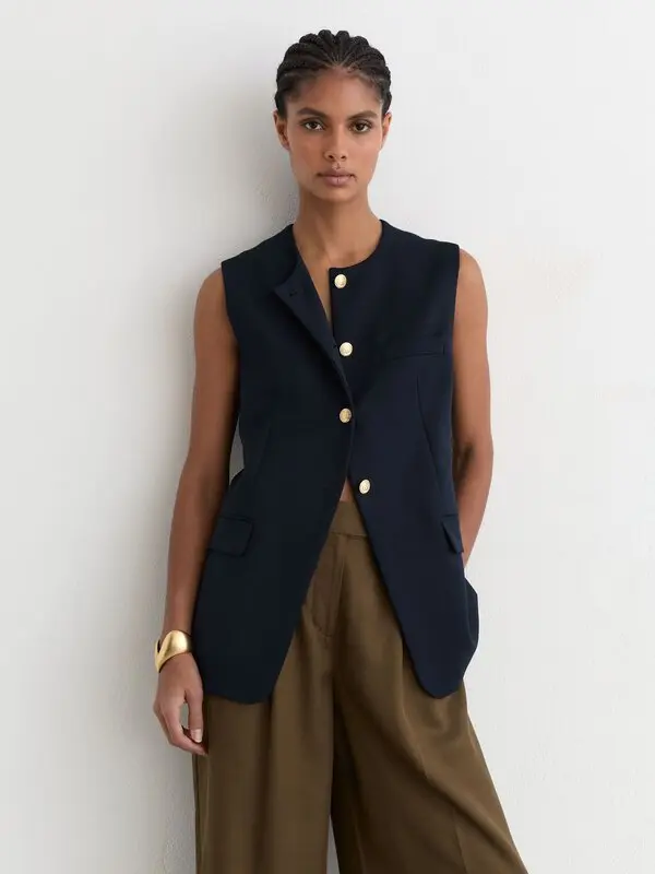 REISS Button-through Longline Waistcoat - Navy