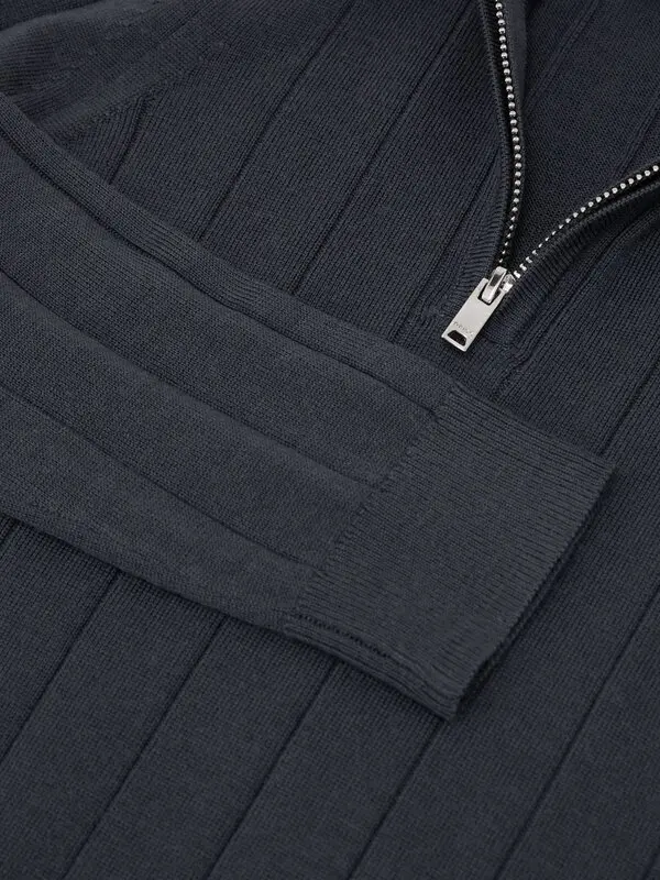 REISS Merino Wool Wide-rib Half-zip Jumper