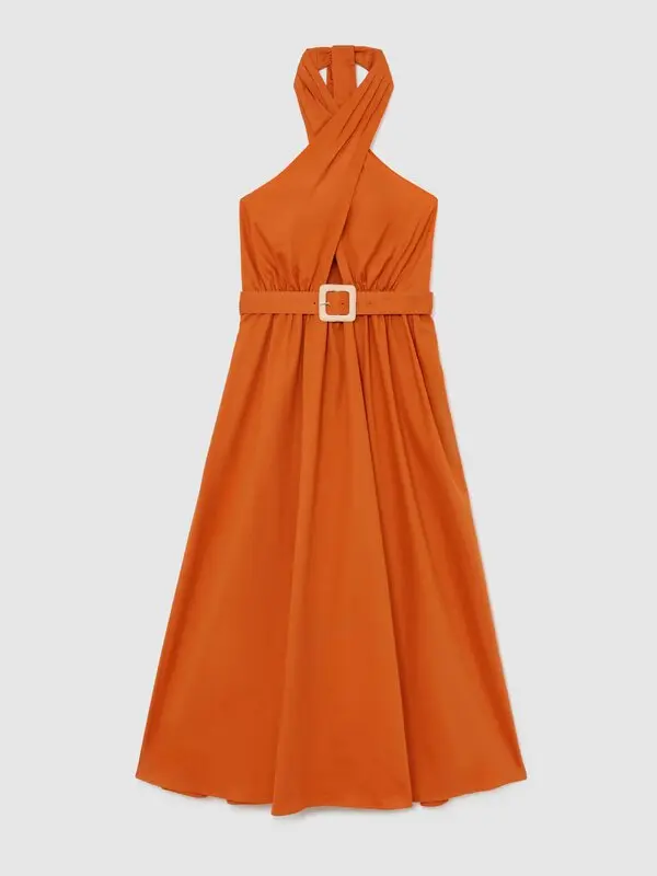 REISS Cotton Halterneck Belted Midi Dress