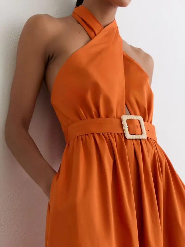 REISS Cotton Halterneck Belted Midi Dress