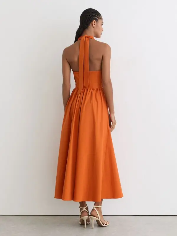 REISS Cotton Halterneck Belted Midi Dress