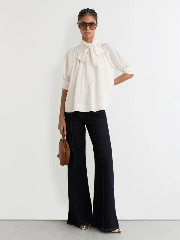 REISS Tie-neck Short-sleeve Blouse - Ivory