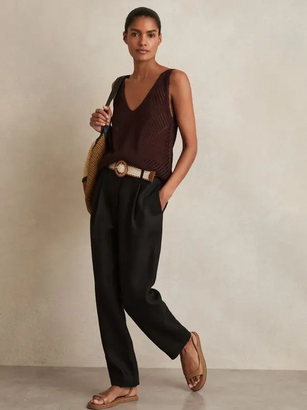REISS Linen Belted Tapered Trousers