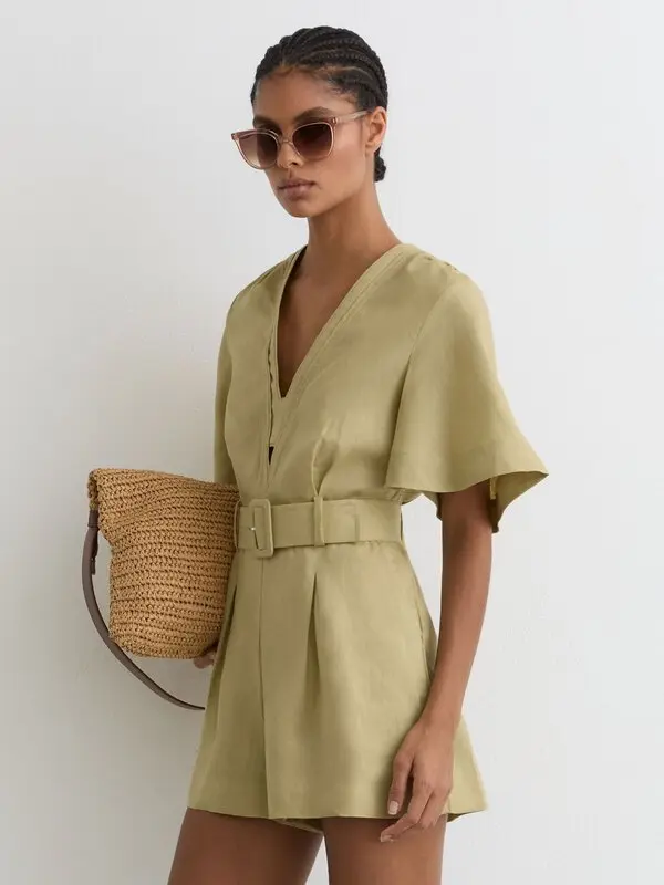 REISS Linen Short-sleeve Belted Playsuit