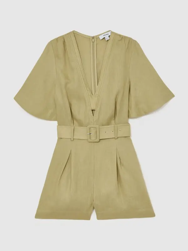 REISS Linen Short-sleeve Belted Playsuit