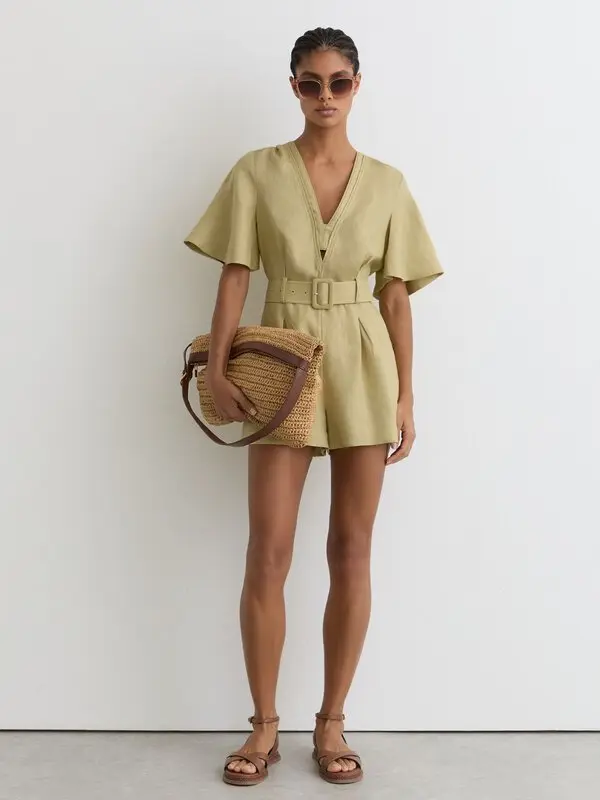 REISS Linen Short-sleeve Belted Playsuit