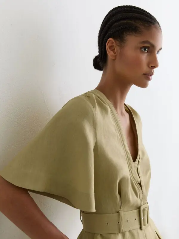 REISS Linen Short-sleeve Belted Playsuit