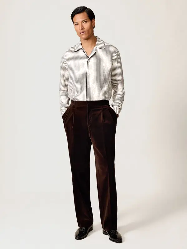 REISS White & Brown Stripe Cuban-collar Piped Shirt