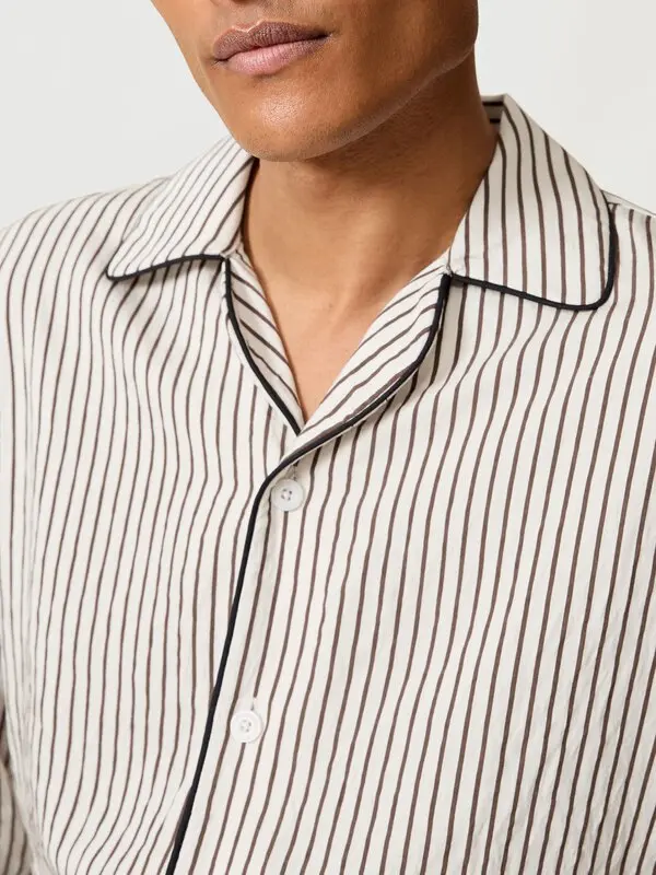 REISS White & Brown Stripe Cuban-collar Piped Shirt