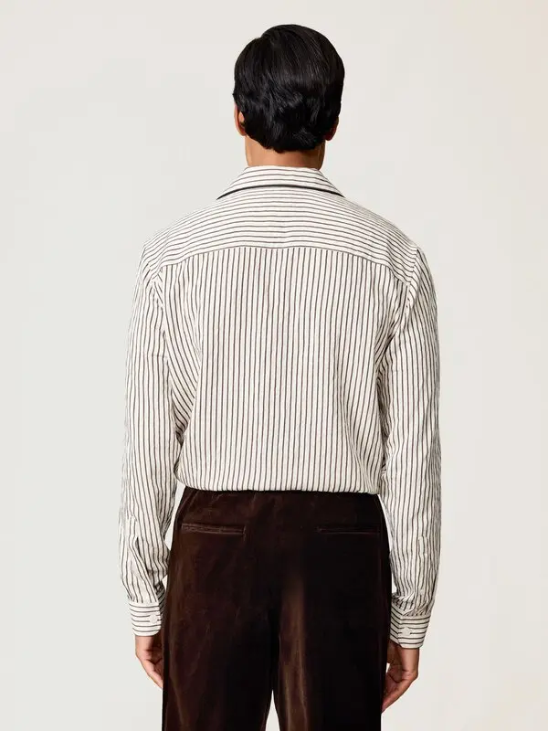 REISS White & Brown Stripe Cuban-collar Piped Shirt