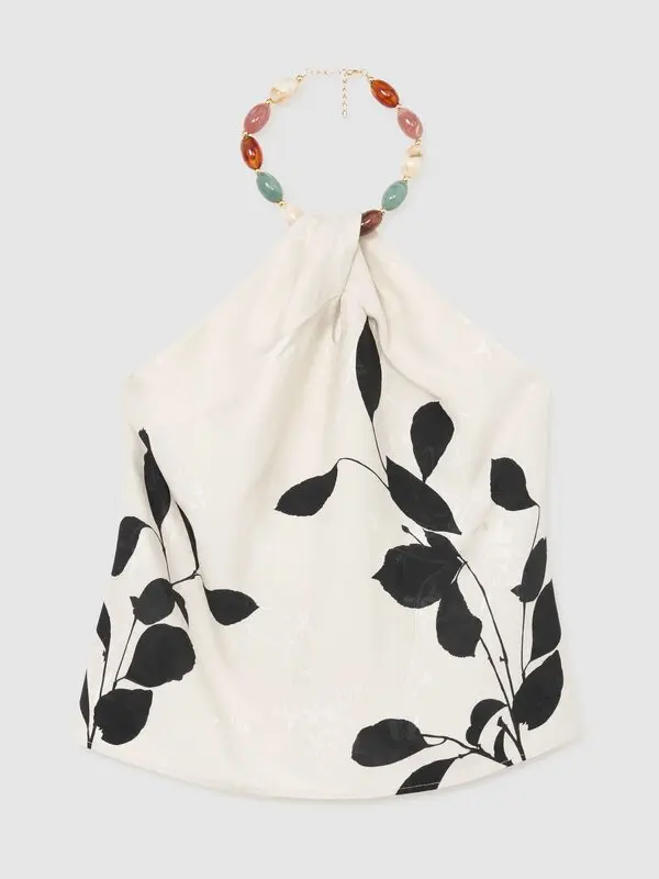 REISS Jacquard Printed Beaded-halterneck Top - Ivory/black