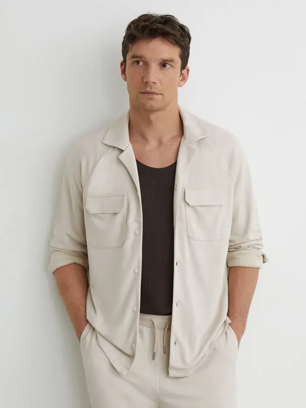 REISS Jersey Twin-pocket Cuban-collar Overshirt