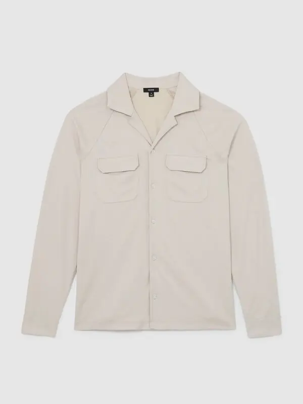 REISS Jersey Twin-pocket Cuban-collar Overshirt