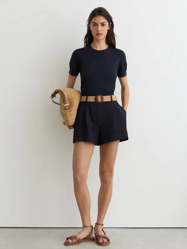 REISS Short-sleeve Knitted Top With Linen - Navy