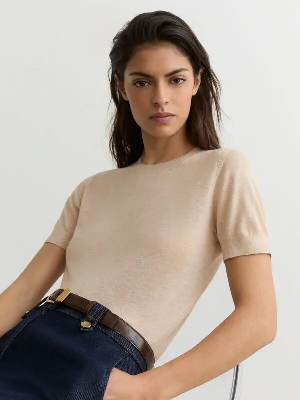 REISS Short-sleeve Knitted Top In Linen Blend - Neutral