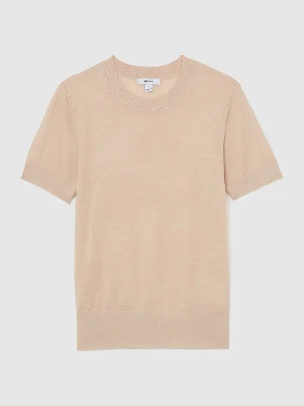 REISS Short-sleeve Knitted Top In Linen Blend - Neutral