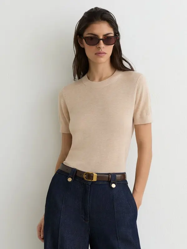 REISS Short-sleeve Knitted Top In Linen Blend - Neutral