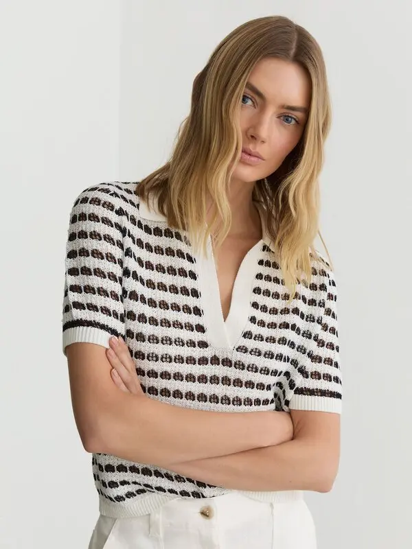REISS White & Navy Open-knit Patterned Polo Top With Cotton
