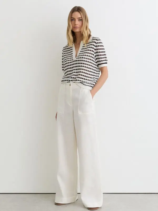 REISS White & Navy Open-knit Patterned Polo Top With Cotton