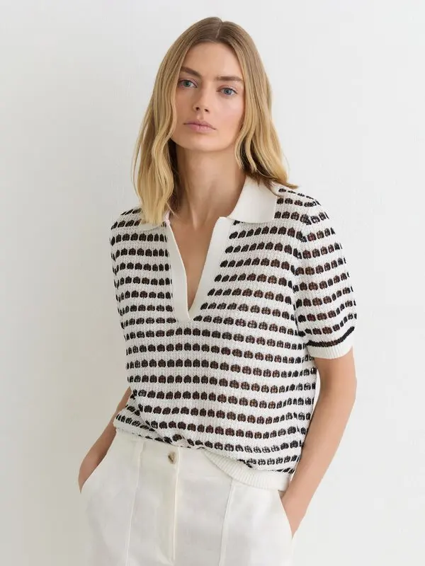 REISS White & Navy Open-knit Patterned Polo Top With Cotton