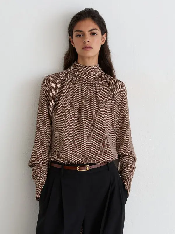 REISS Geometric-print Tie-neck Blouse