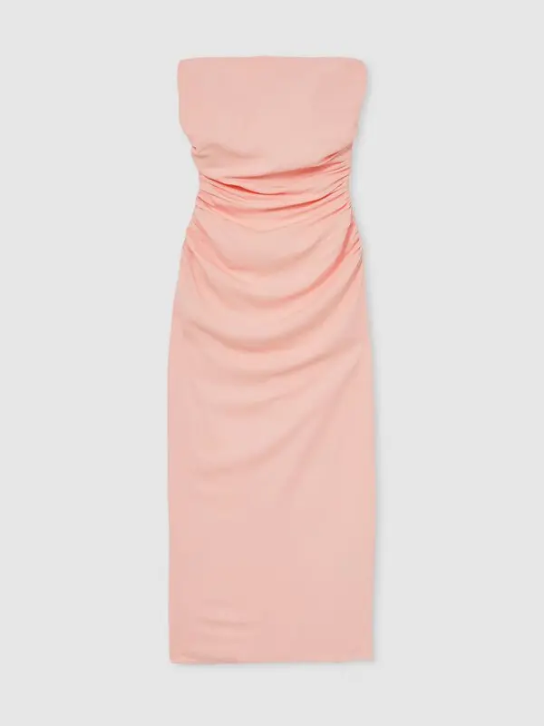 REISS Ruched Strapless Bodycon Midi Dress - Pink