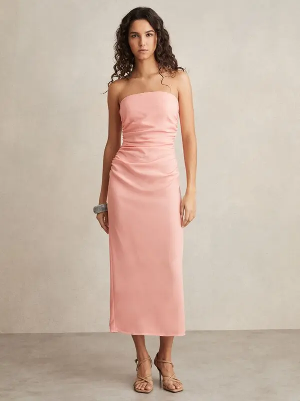 REISS Ruched Strapless Bodycon Midi Dress - Pink
