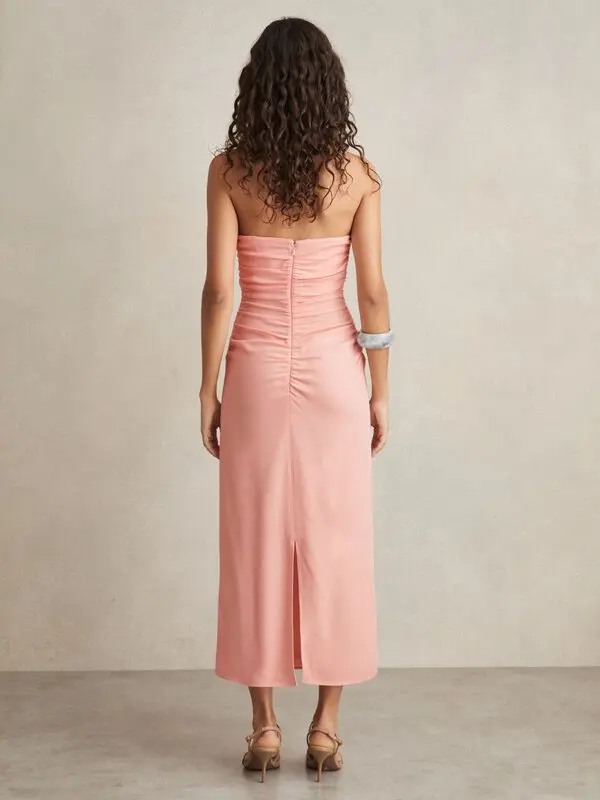 REISS Ruched Strapless Bodycon Midi Dress - Pink
