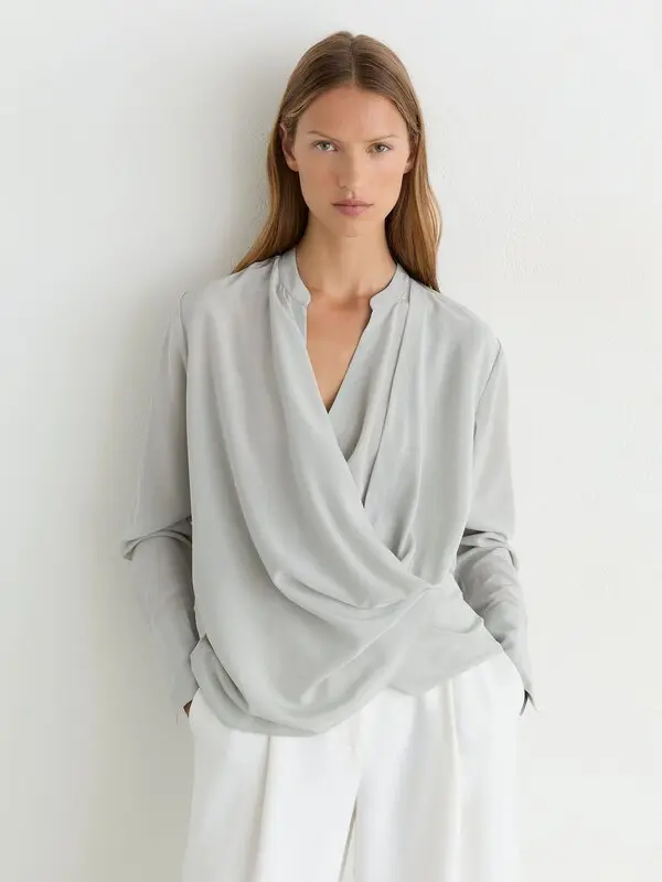 REISS Matte Silk Draped Shirt - Grey