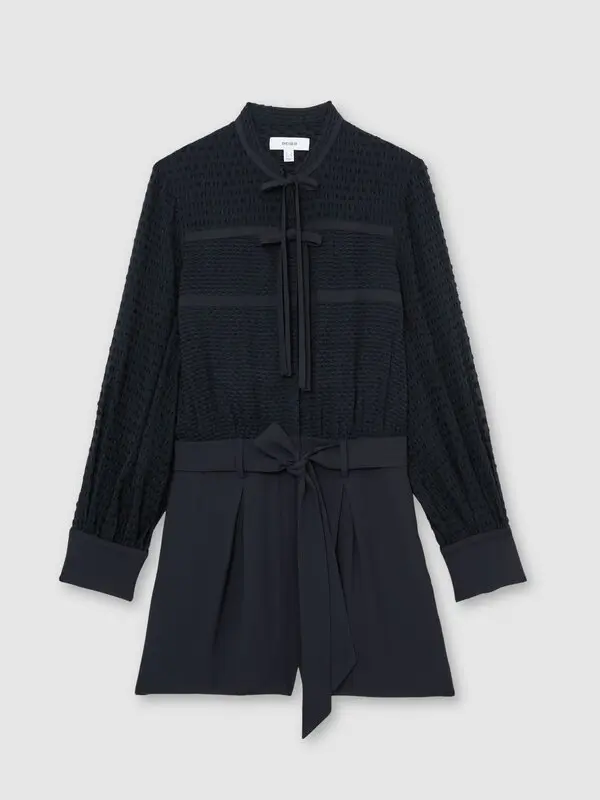 REISS Embroidered Long-sleeve Belted Playsuit