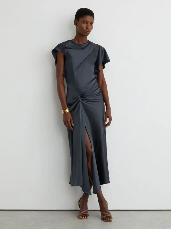 REISS Satin Drape-detail Midi Dress - Slate Grey