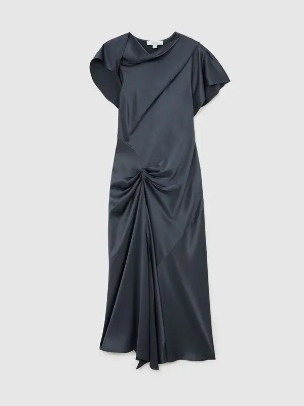 REISS Satin Drape-detail Midi Dress - Slate Grey