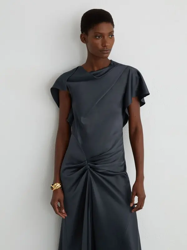 REISS Satin Drape-detail Midi Dress - Slate Grey