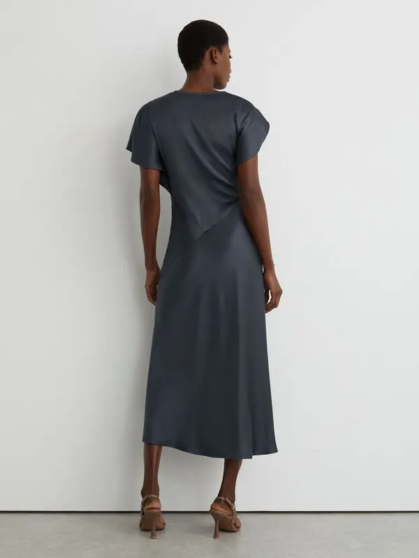 REISS Satin Drape-detail Midi Dress - Slate Grey