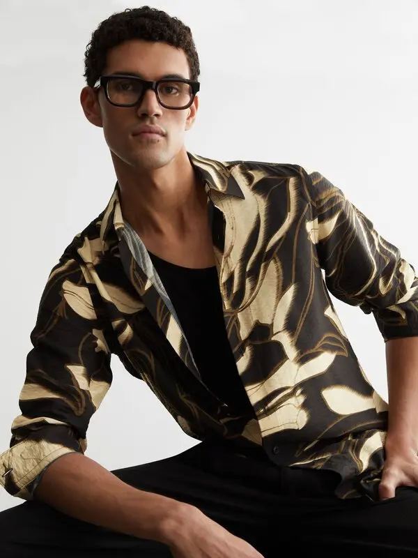 REISS Floral-print Long-sleeve Shirt Regular-fit - Black