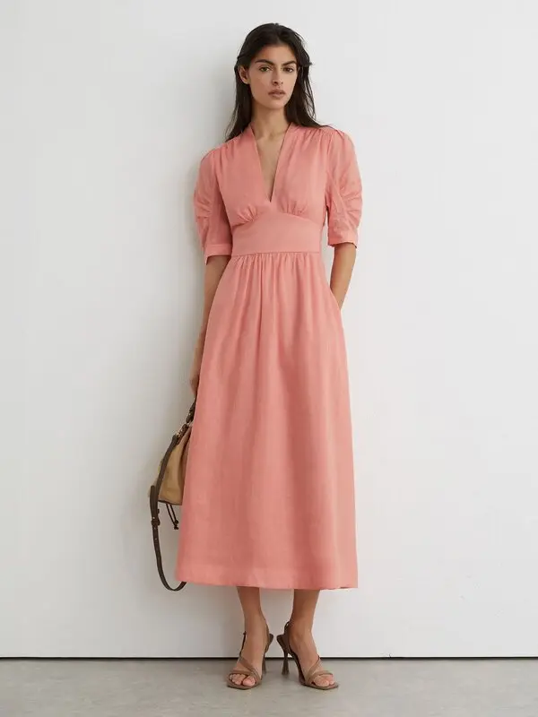 REISS Short-sleeve Waisted Midi Dress