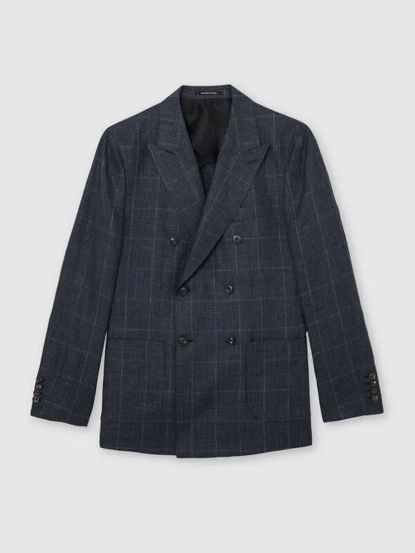 REISS Linen Check Double-breasted Tailored-fit Blazer