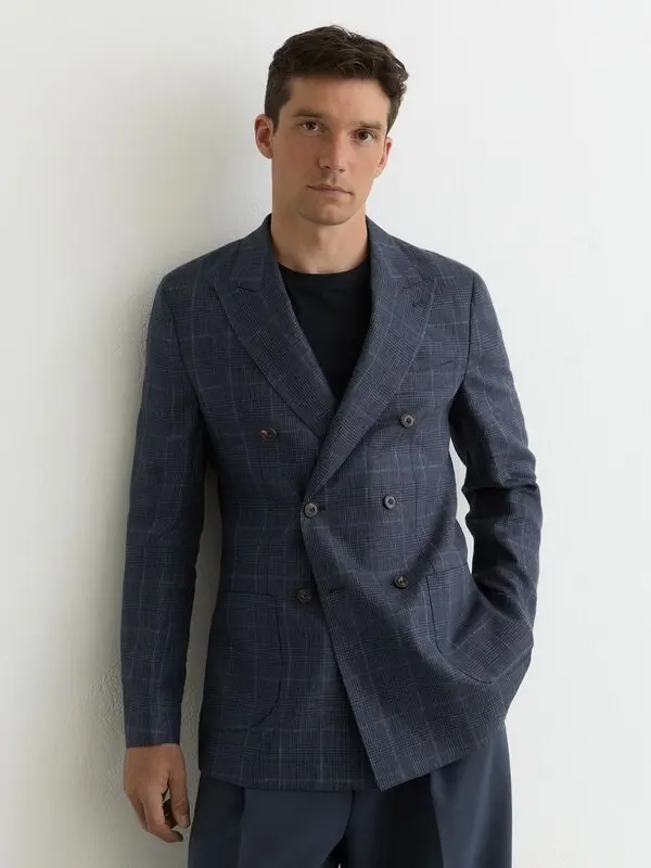 REISS Linen Check Double-breasted Tailored-fit Blazer