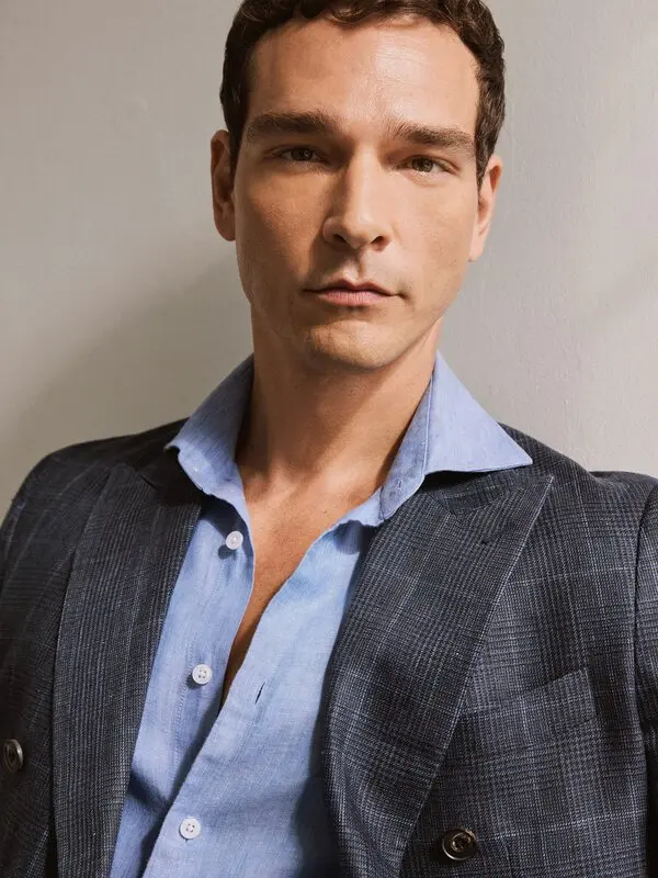 REISS Linen Check Double-breasted Tailored-fit Blazer