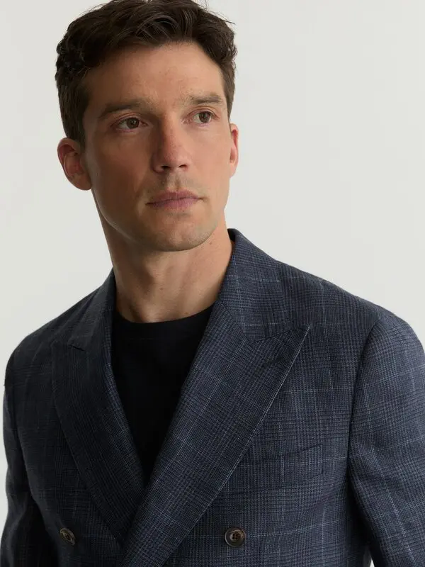 REISS Linen Check Double-breasted Tailored-fit Blazer