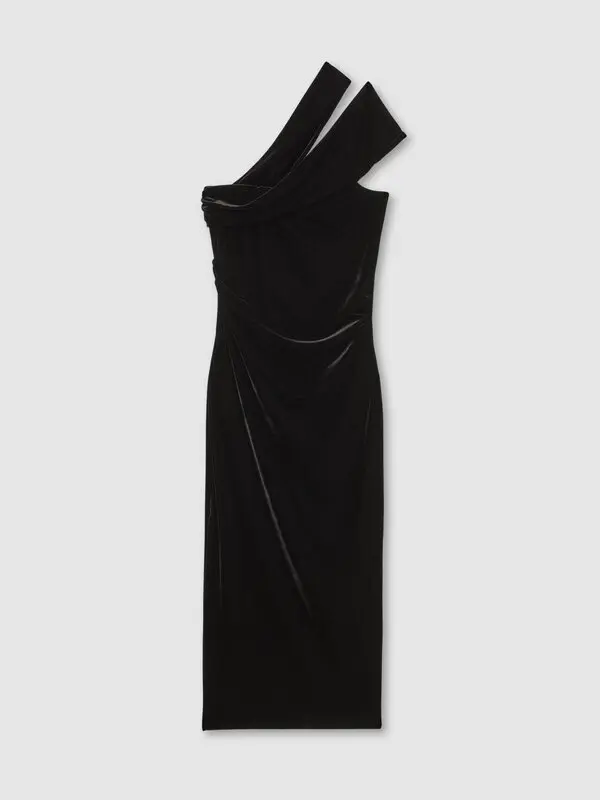 REISS Dalia One-shoulder Ruched Velvet Midi Dress - Black