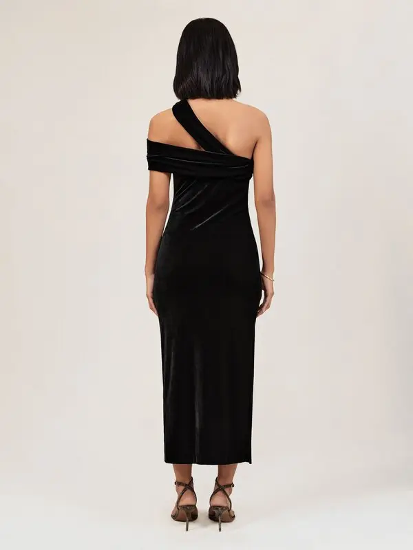 REISS Dalia One-shoulder Ruched Velvet Midi Dress - Black