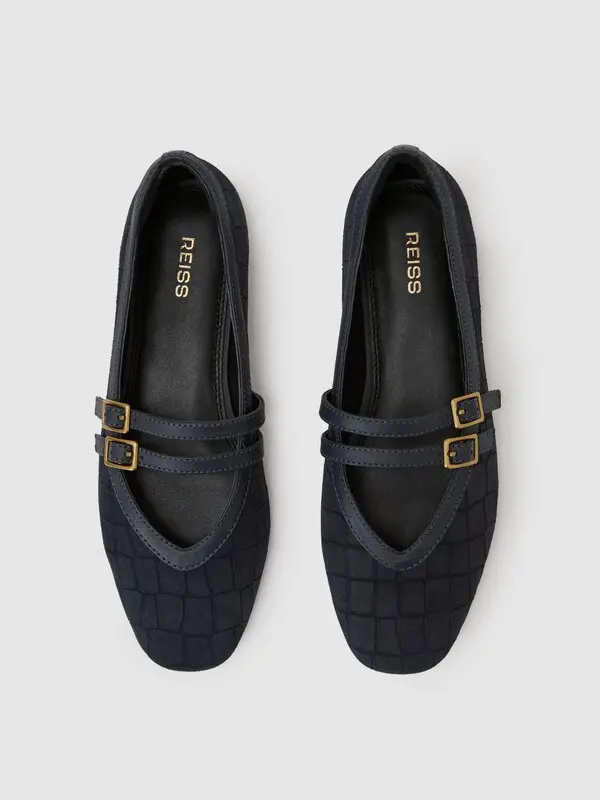 REISS Suede Croc-embossed Ballet Flats - Navy
