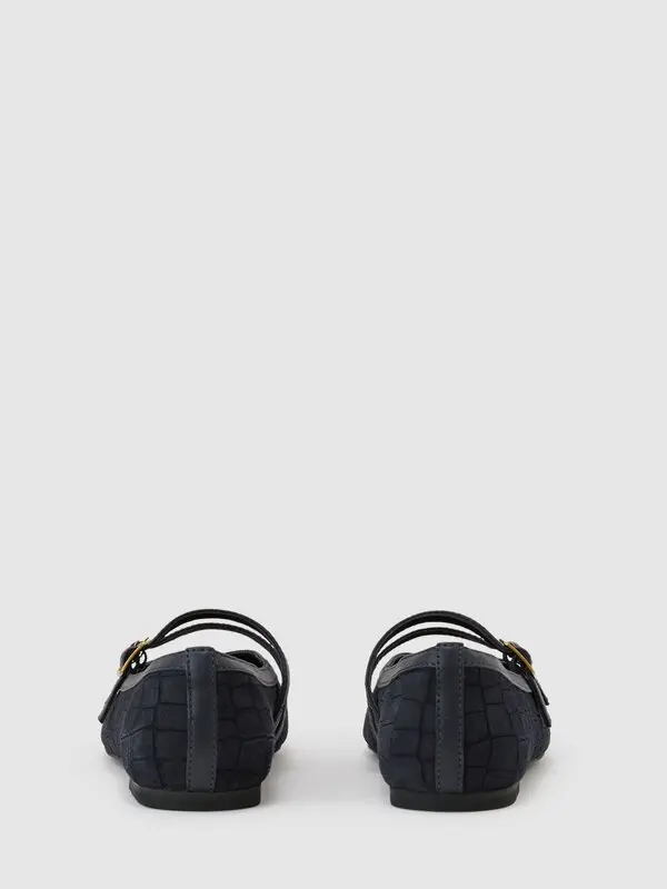 REISS Suede Croc-embossed Ballet Flats - Navy