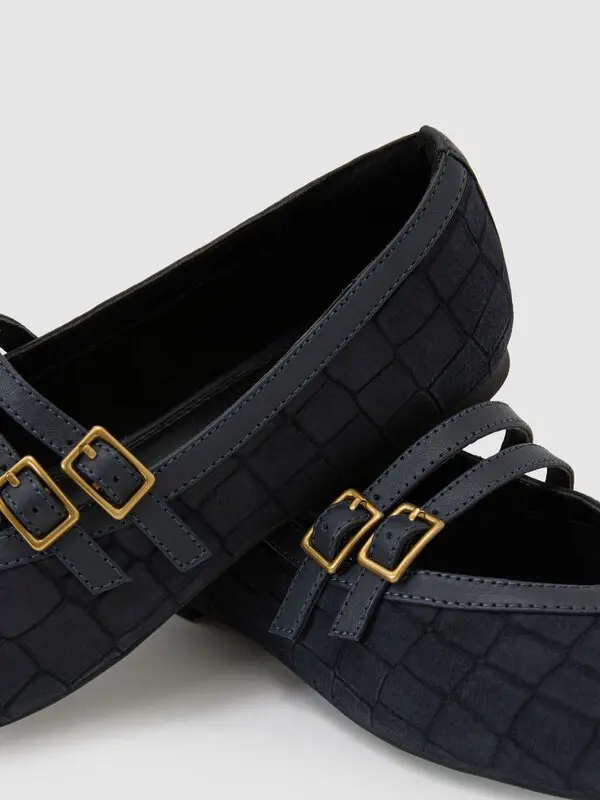 REISS Suede Croc-embossed Ballet Flats - Navy
