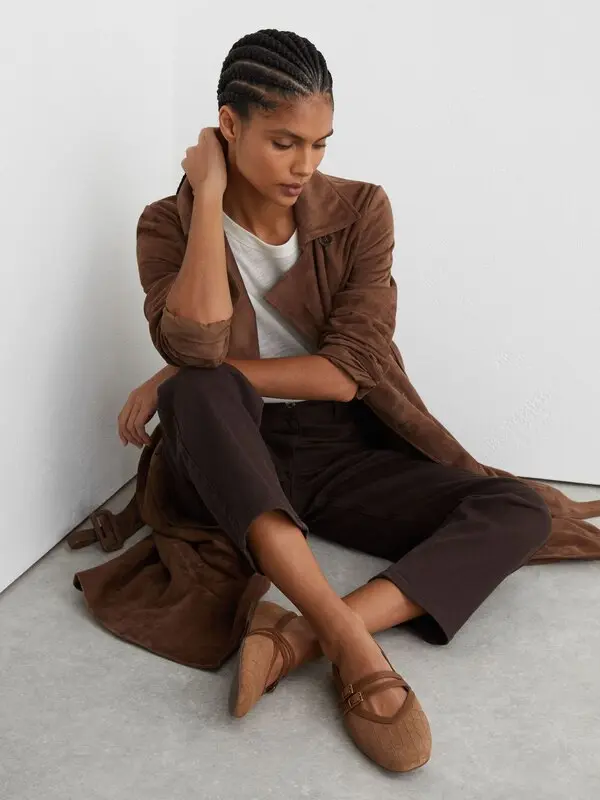 REISS Suede Croc-embossed Ballet Flats With Buckle Detailing - Tan