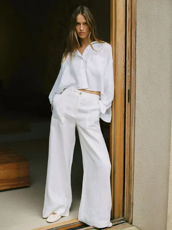 REISS Linen Oversize Cropped Shirt - White