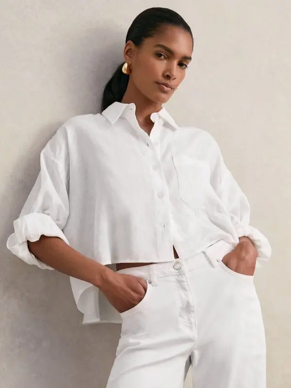 REISS Linen Oversize Cropped Shirt - White